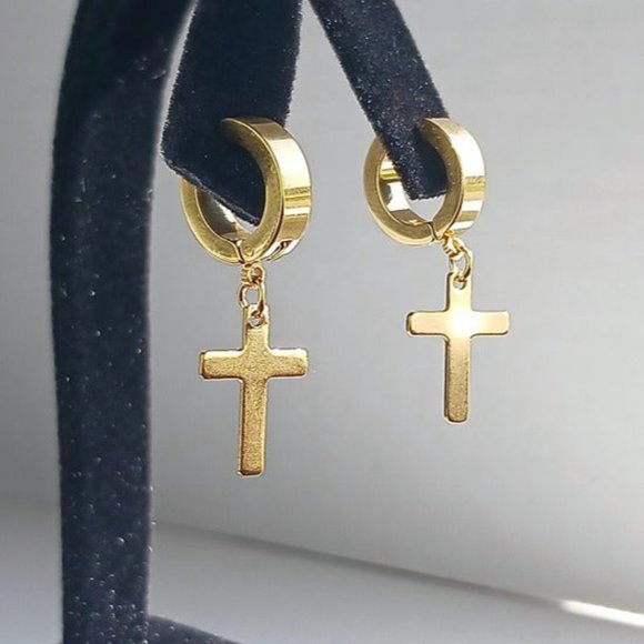 Accessories | Men 14k Gold Cross Earrings Christian Jesus Guys Hanging ...